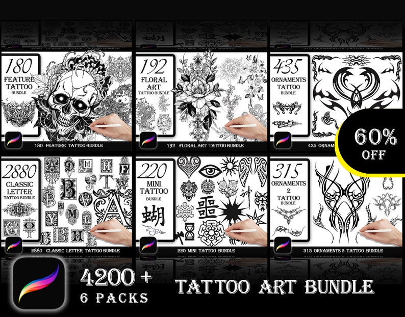 4200+| 6 Packs |tattoo Art Super Bundle | Brush Stamps Bundle for ...
