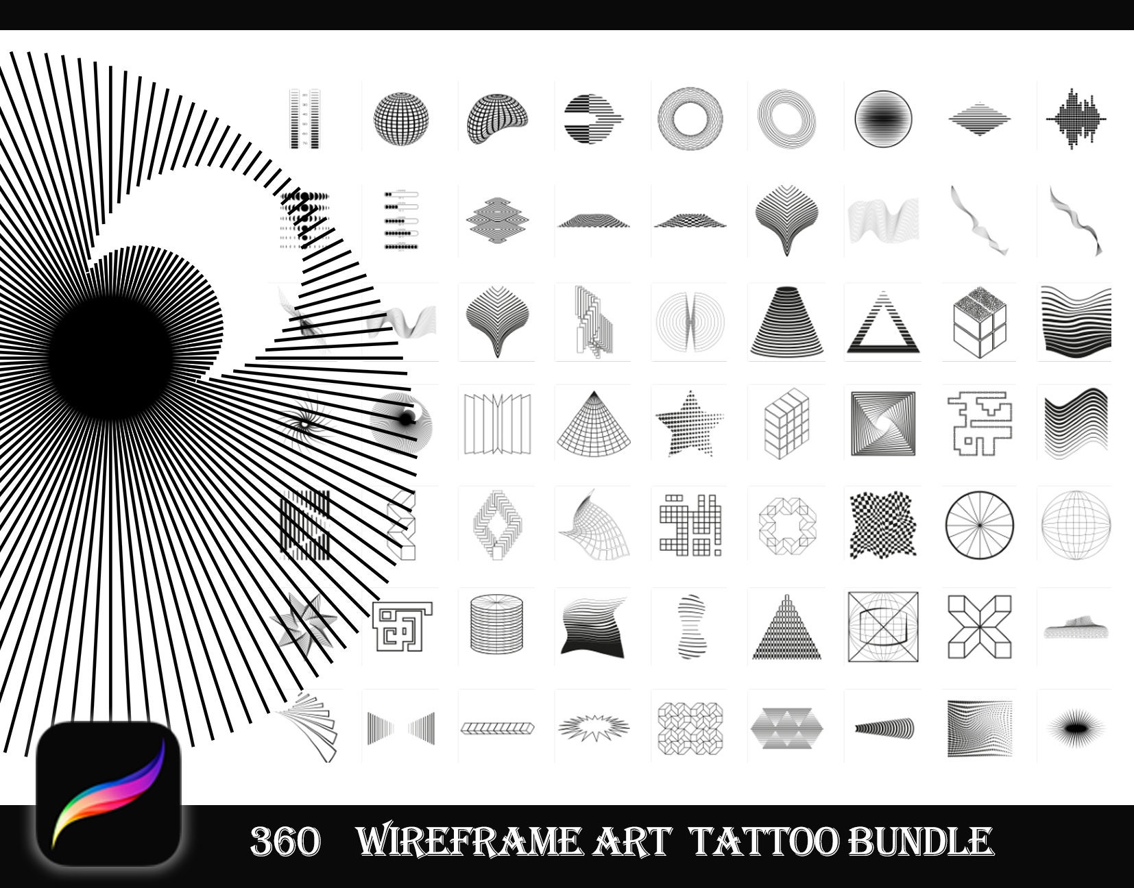 360 Wireframe Art Tattoo Design | Brush Stamps Bundle for Procreate ...