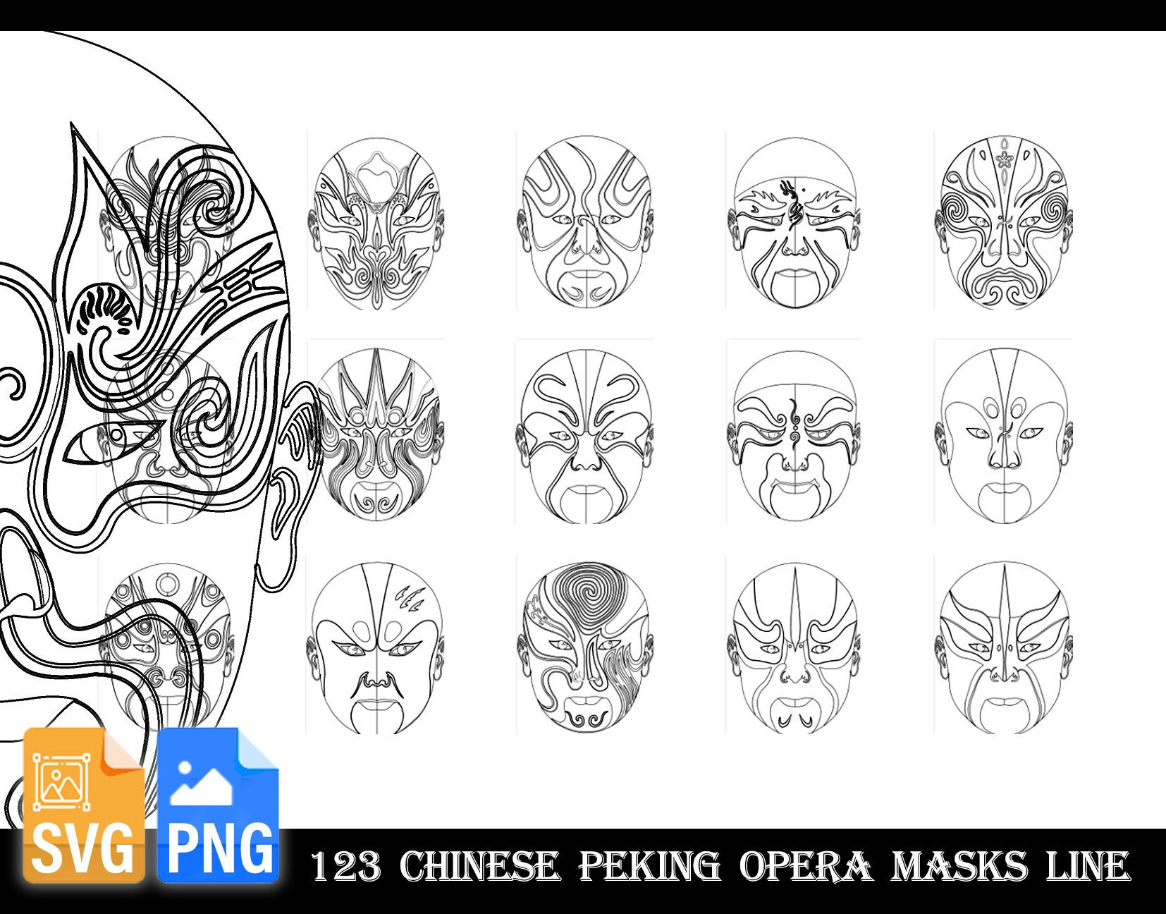 123 Chinese Peking Opera Masks Lines Tattoo Design | SVG |PNG| - Etsy