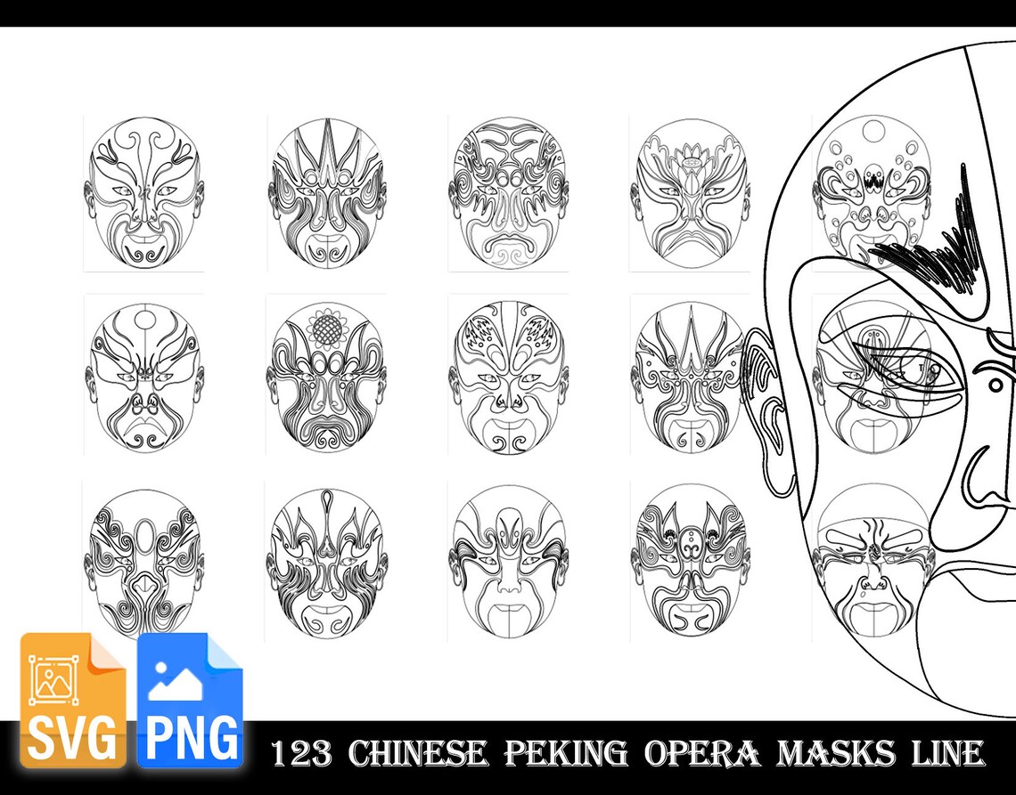 123 Chinese Peking Opera Masks Lines Tattoo Design SVG PNG - Etsy