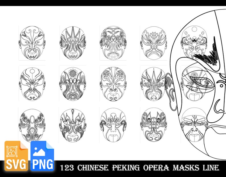 123 Chinese Peking Opera Masks Lines Tattoo Design | SVG |PNG| - Etsy