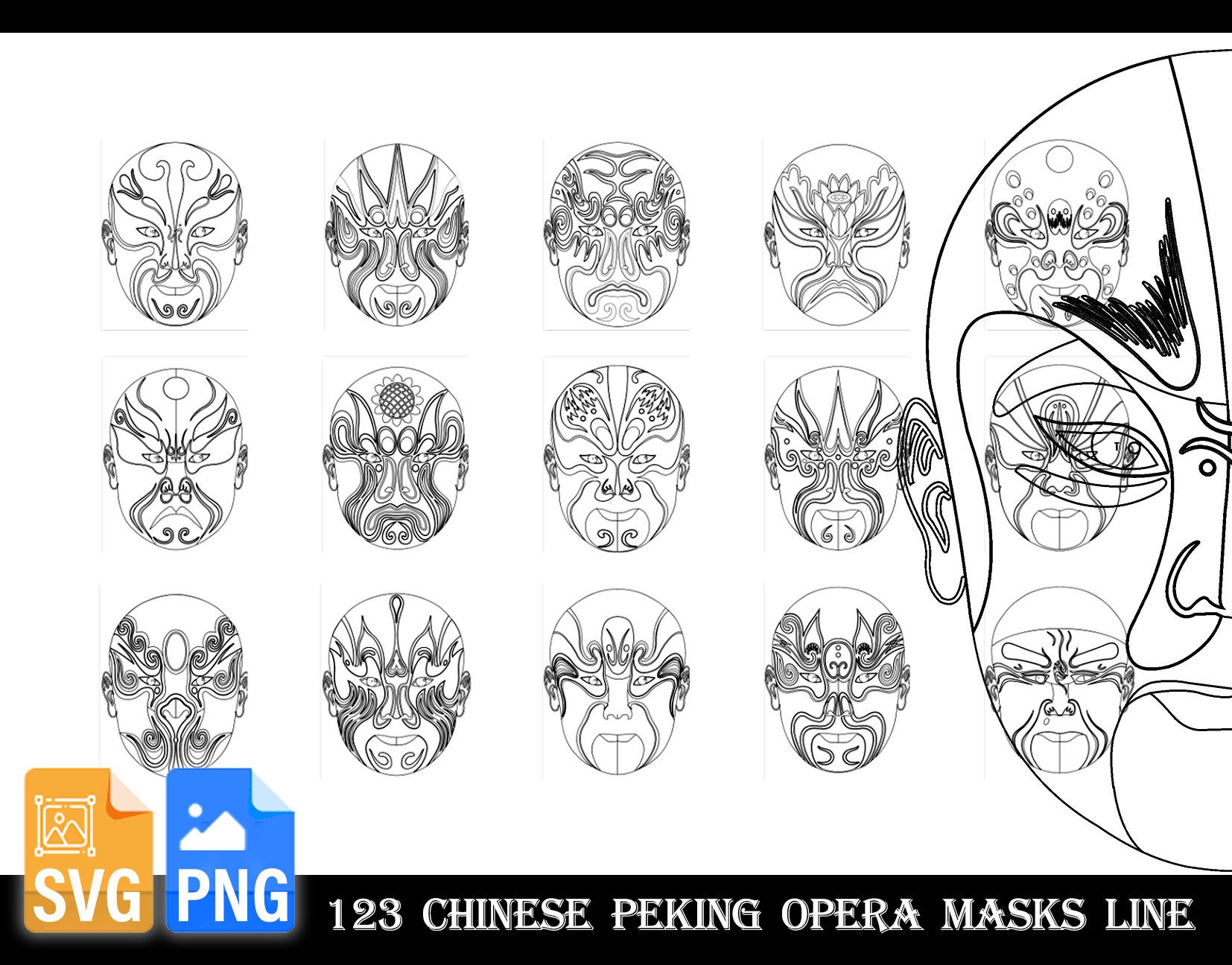 123 Chinese Peking Opera Masks Lines Tattoo Design | SVG |PNG| - Etsy