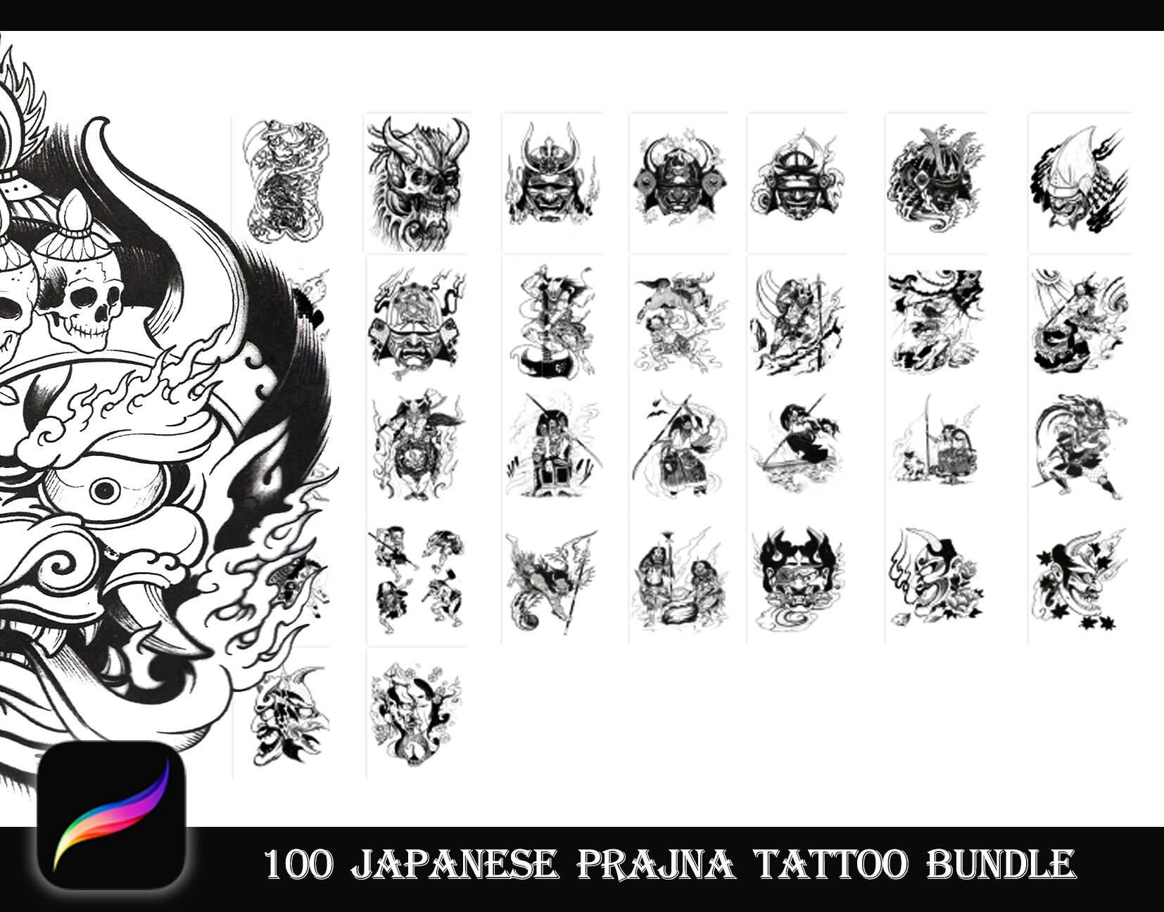100 Japan Prajna Tattoo Design | Brush Stamps Bundle for Procreate | - Etsy