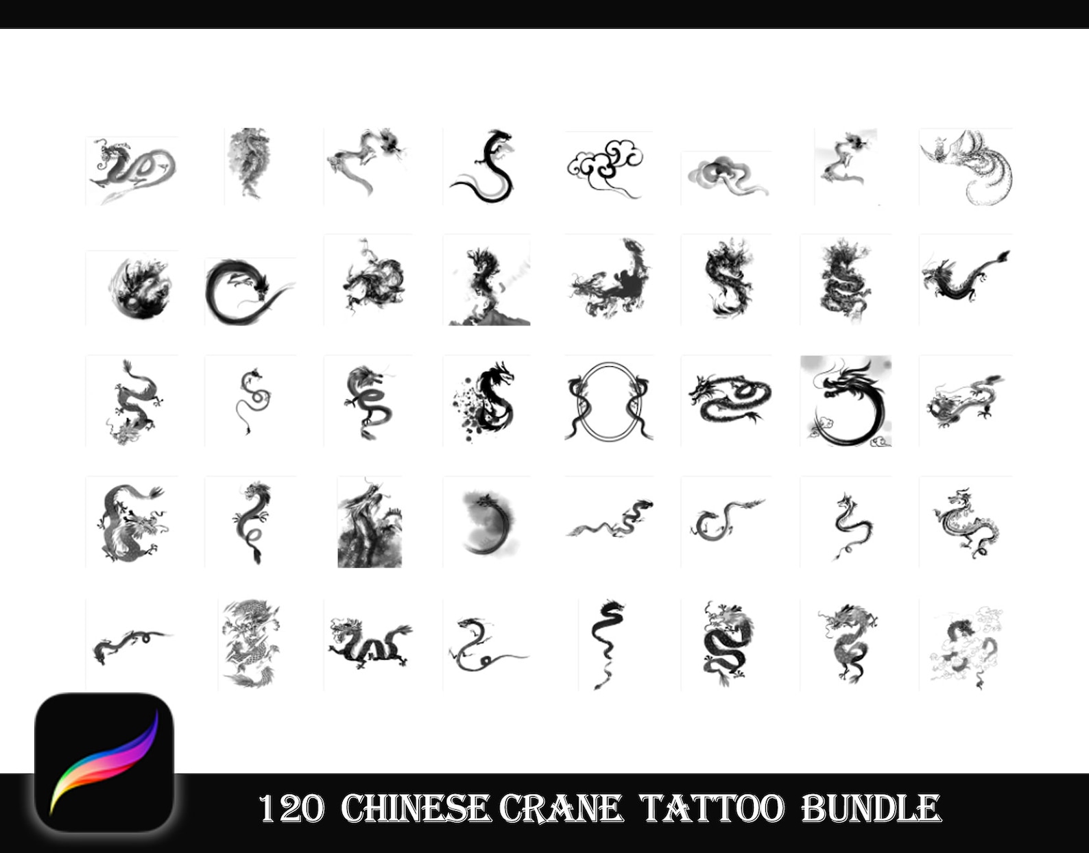 120 Ink Dragon Art Tattoo Design | Brush Stamps Bundle for Procreate ...