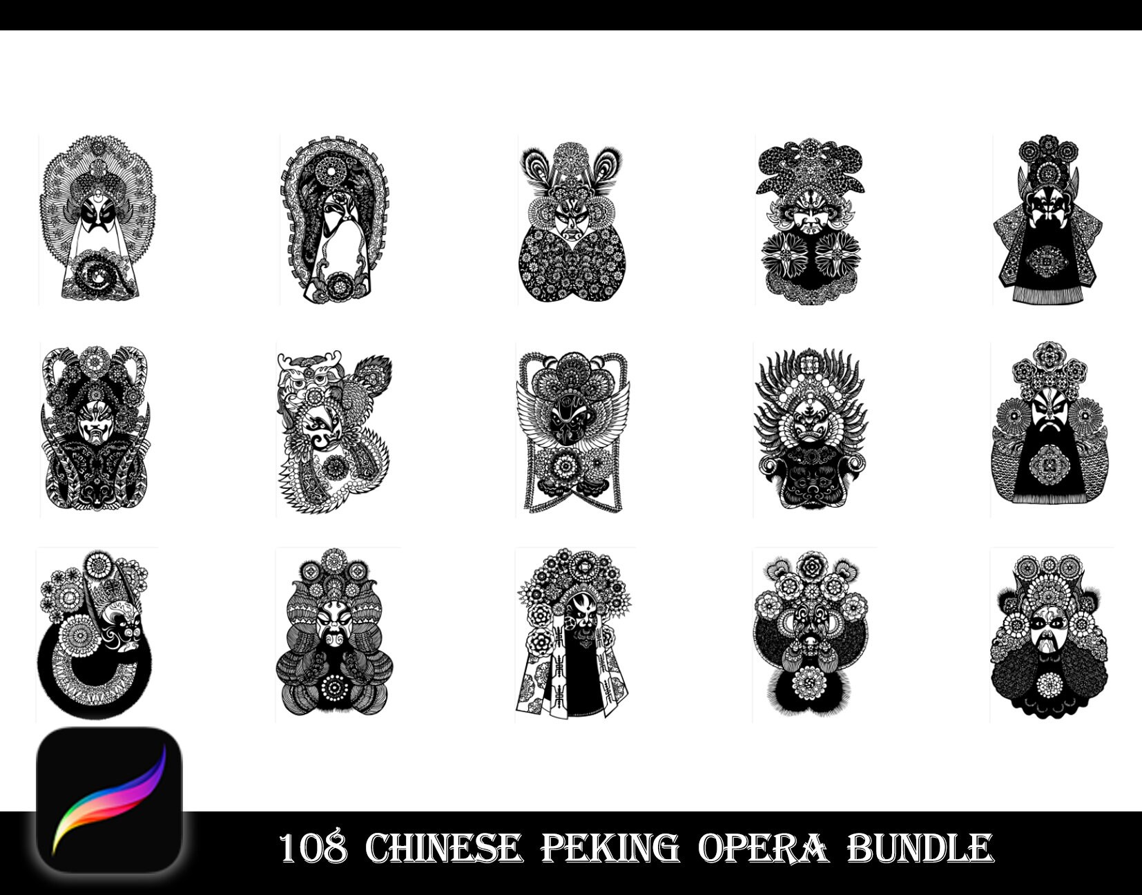 108 Chinese Peking Opera Tattoo Design Bundle Brush Stamps Bundle for ...