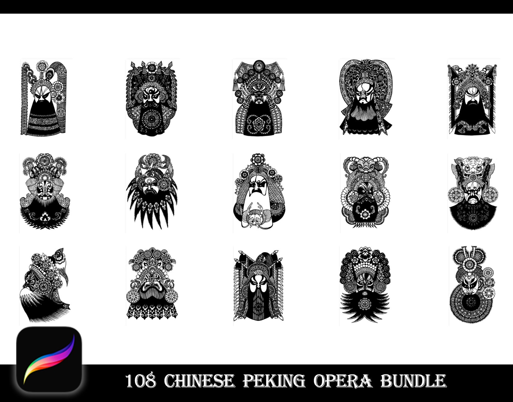 108 Chinese Peking Opera Tattoo Design Bundle Brush Stamps Bundle for ...