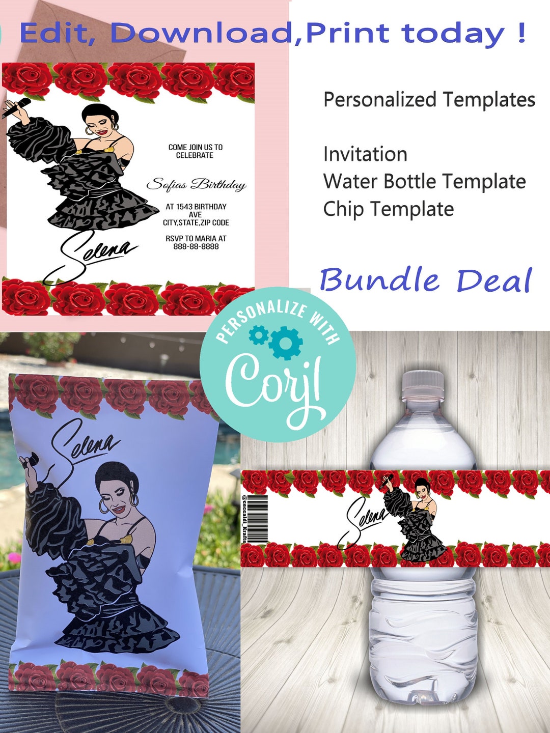 Selena Quintanilla | Invitation | Chip Template | Water Label | INSTANT ...