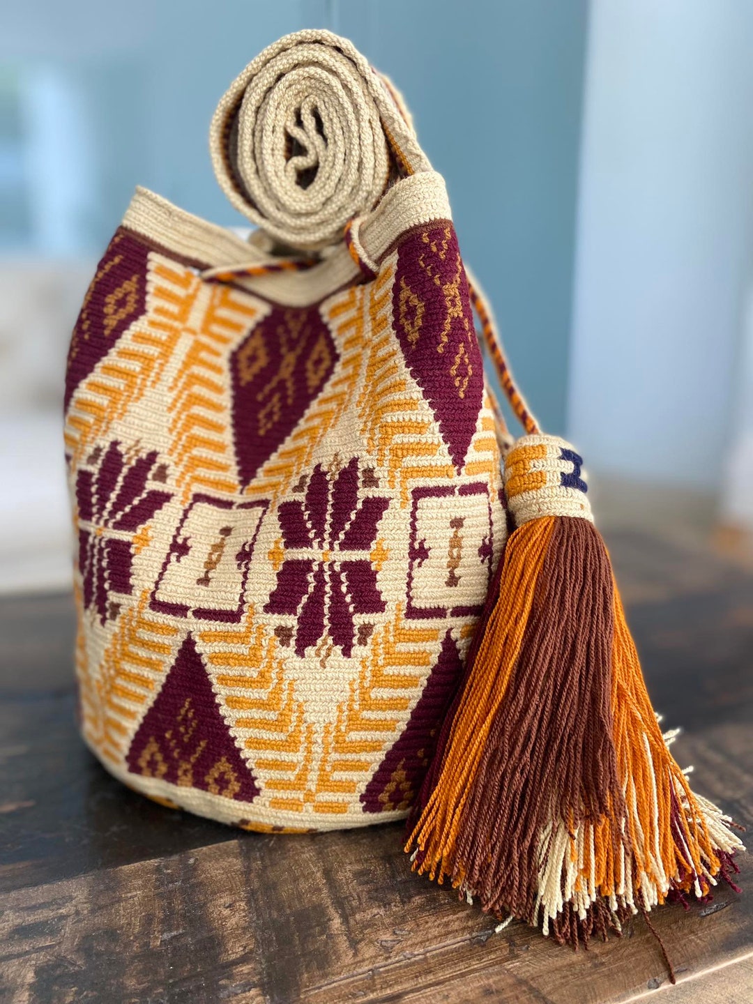 MEDIUM BUCKET BAG | Autumn Colors Wayuu Bag | Brown One Thread Wayuu ...