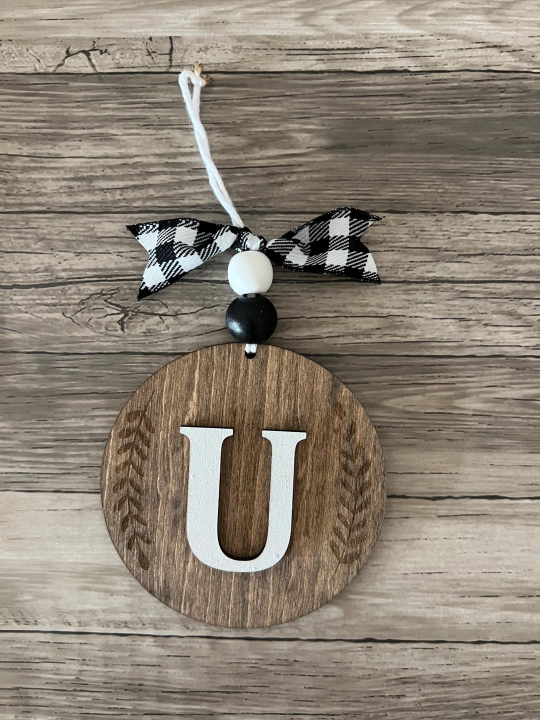 Leaves Monogram Ornament / Wood Round Ornament / Custom Ornament ...