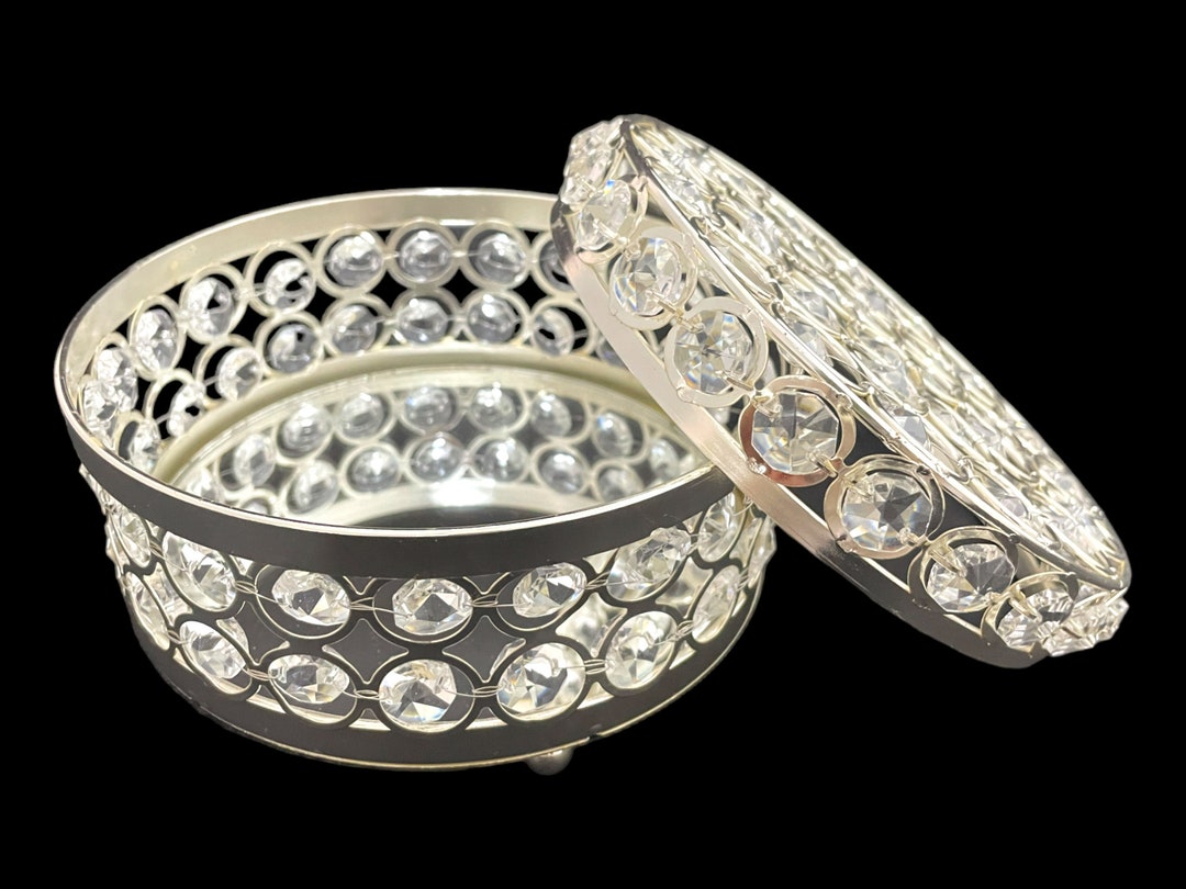 SILVER Metal Crystal Beaded Jewelry Box Decorative Wedding Home Decor ...