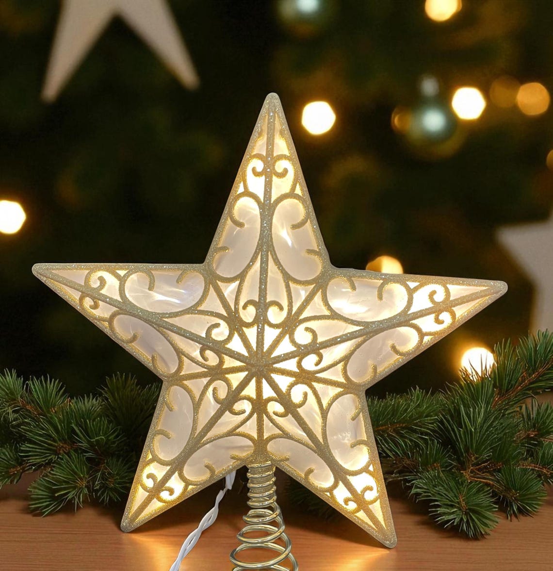 12" Plug-in Lighted GOLD Glitter Star Tree Topper Christmas Holiday ...