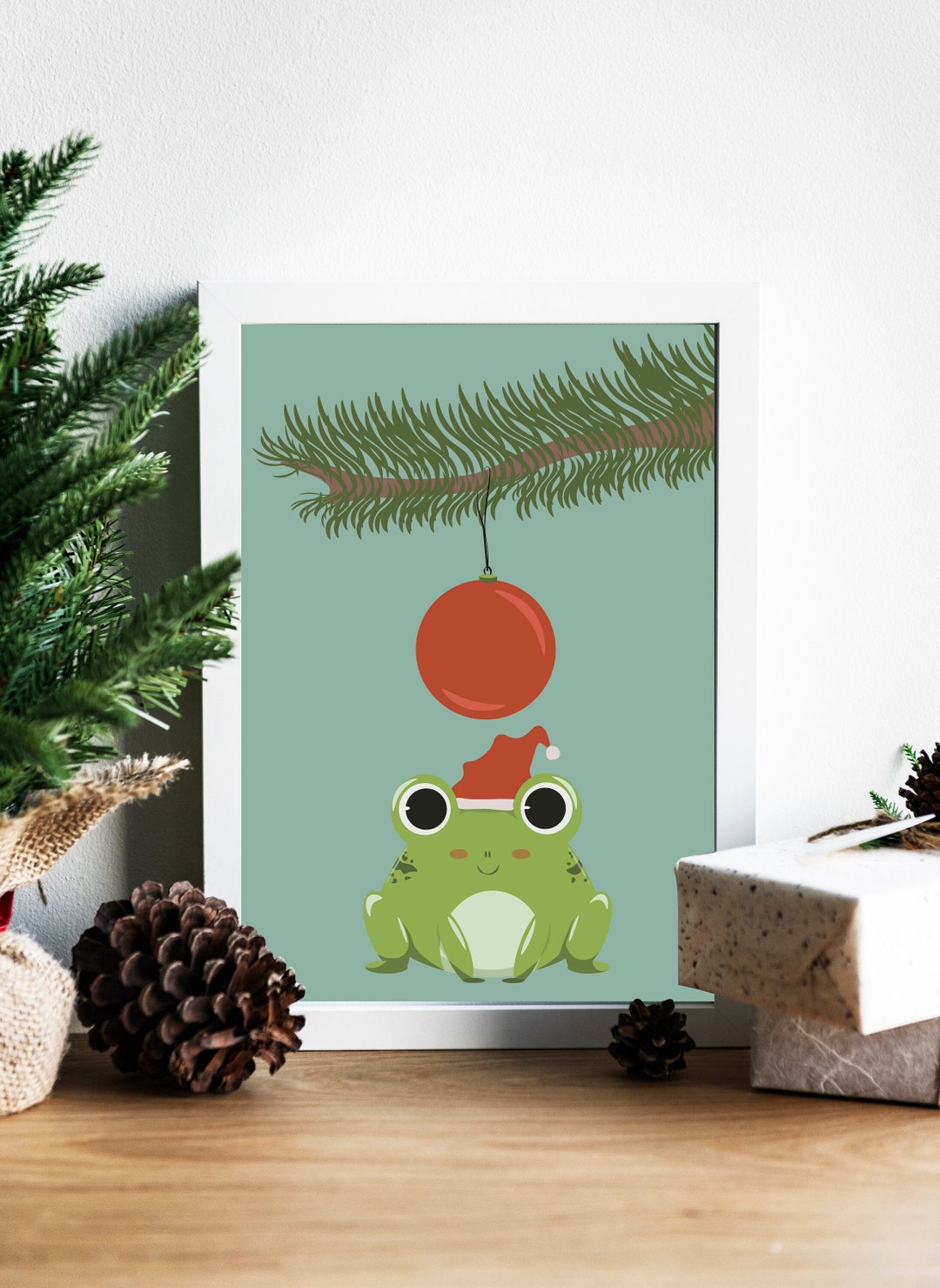 Printable Christmas Art, Cute Frog Illustration, Christmas Card and ...