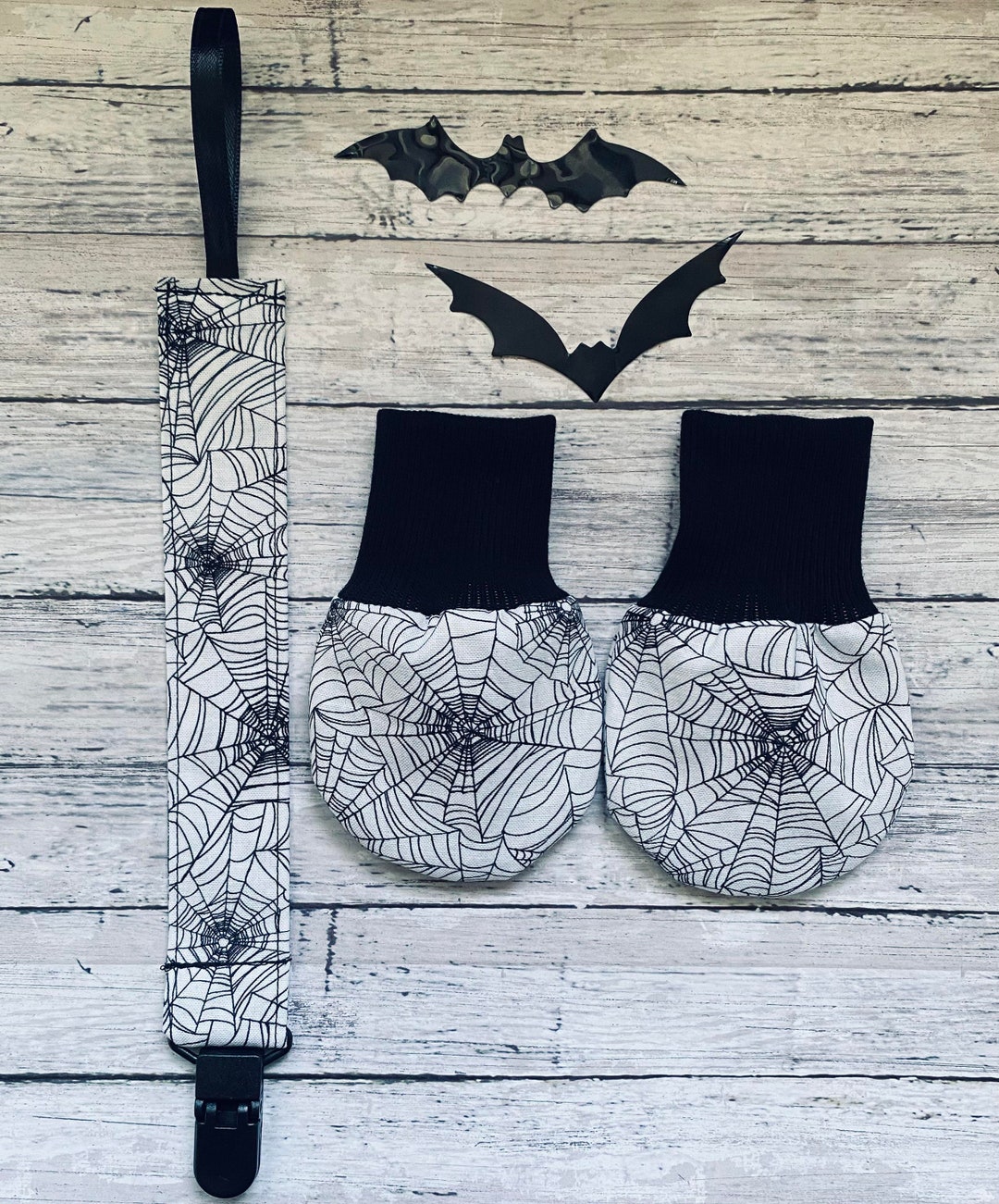 Spooky Gothic Cobwebs Pacifier Clip Newborn Mitts Goth Little Nightmare ...