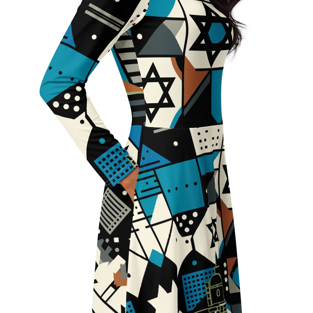Jerusalem Long Sleeve Midi Dress, Star of David Midi Dress Israel Srt ...