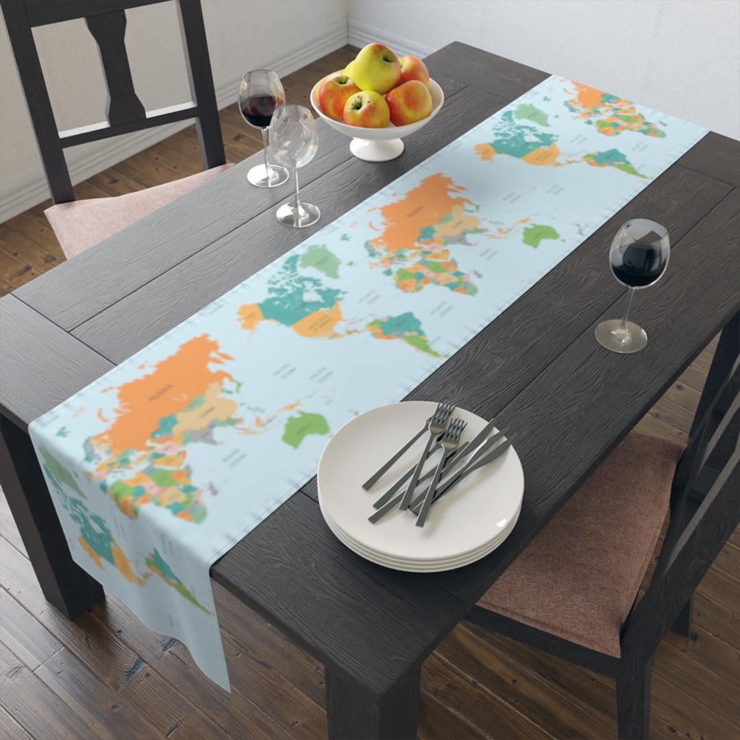 Blue World Map Table Runner , Map Table Runner, World Table Runner ...