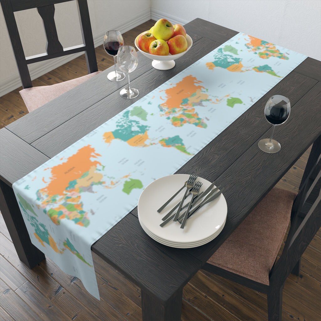 Blue World Map Table Runner Map Table Runner World Table - Etsy