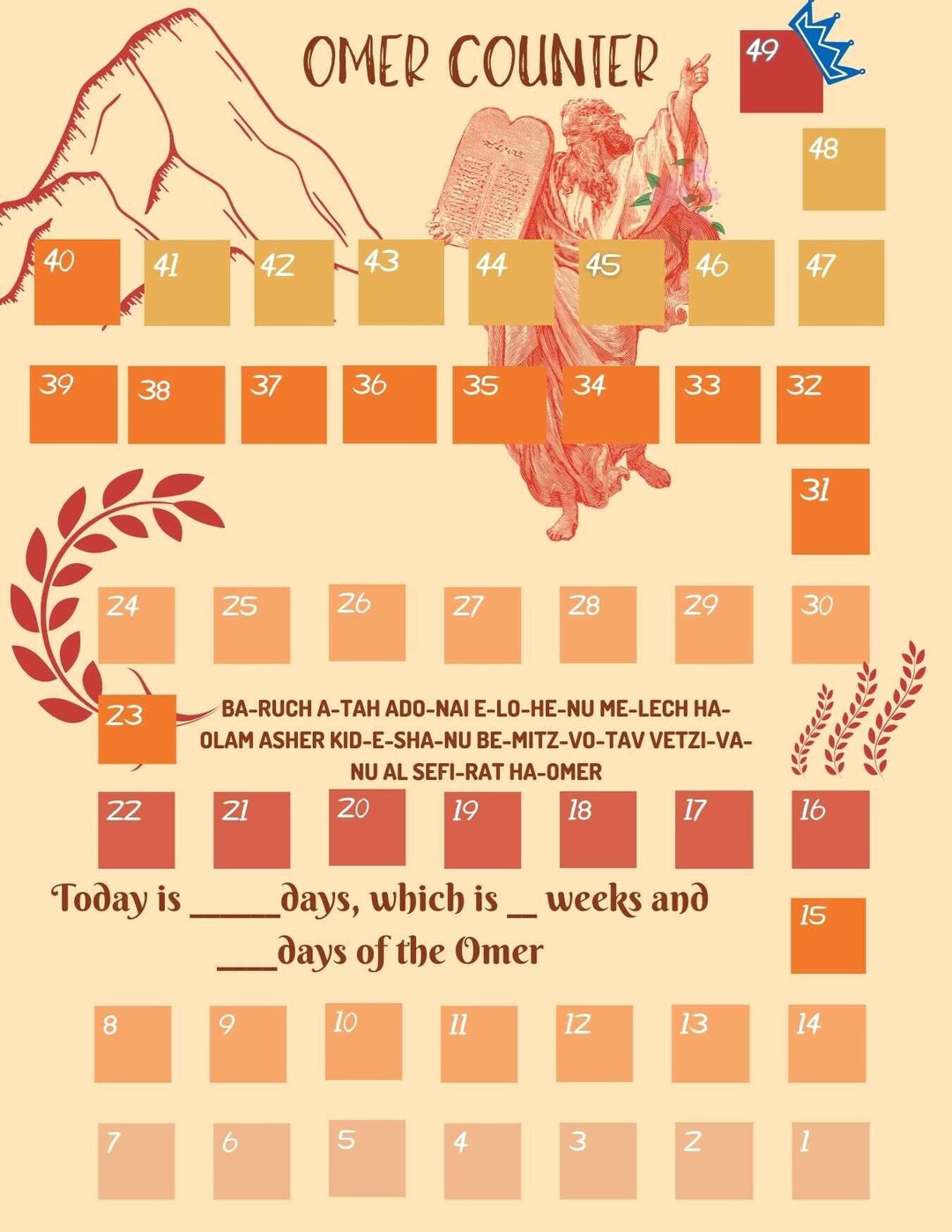 Omer Counter, Printable Counting the Omer Activity, Shavuot Count Down ...