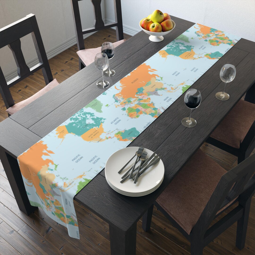 Blue World Map Table Runner , Map Table Runner, World Table Runner ...
