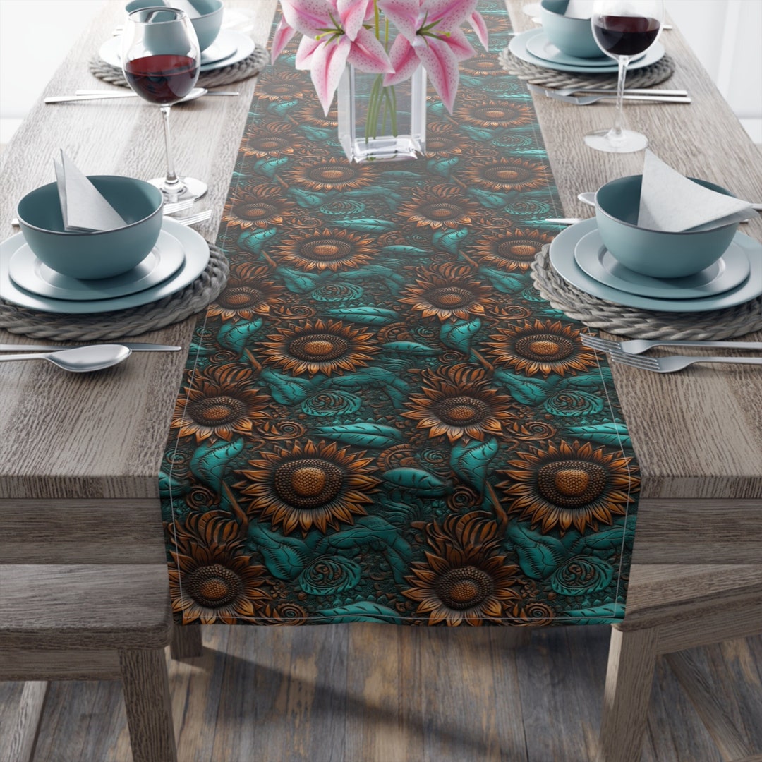 Western Leather Pattern Sunflower Table Runner Printed Polyester Rustic ...