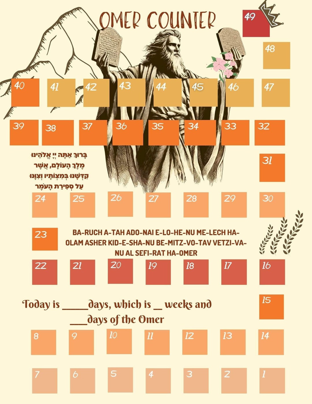 Omer Counter, Printable Counting ספירת העומר להדפסה, שבועות פעילות - Etsy