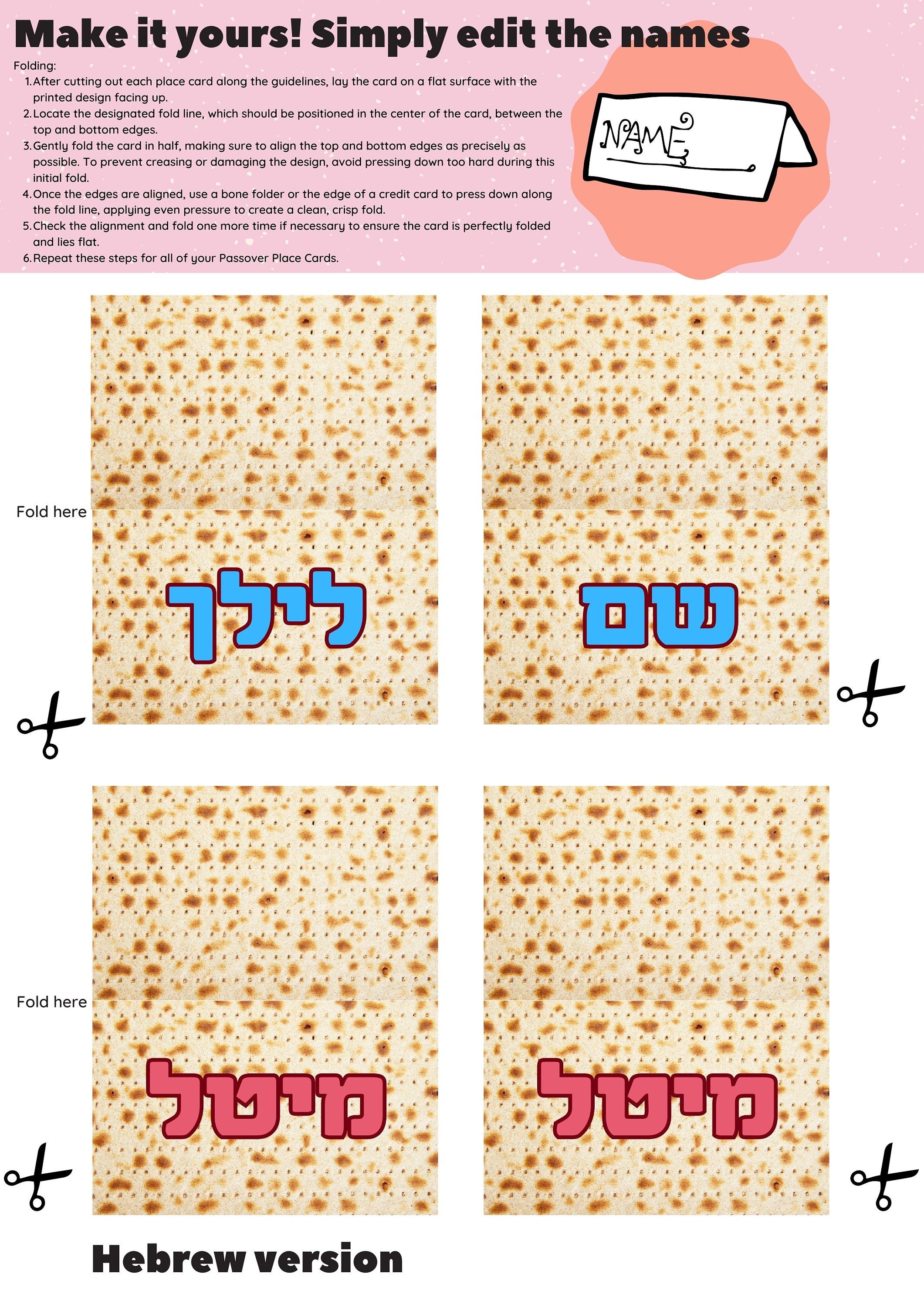 Passover Place Card Set - Canva Editable Printable Digital Cards for ...