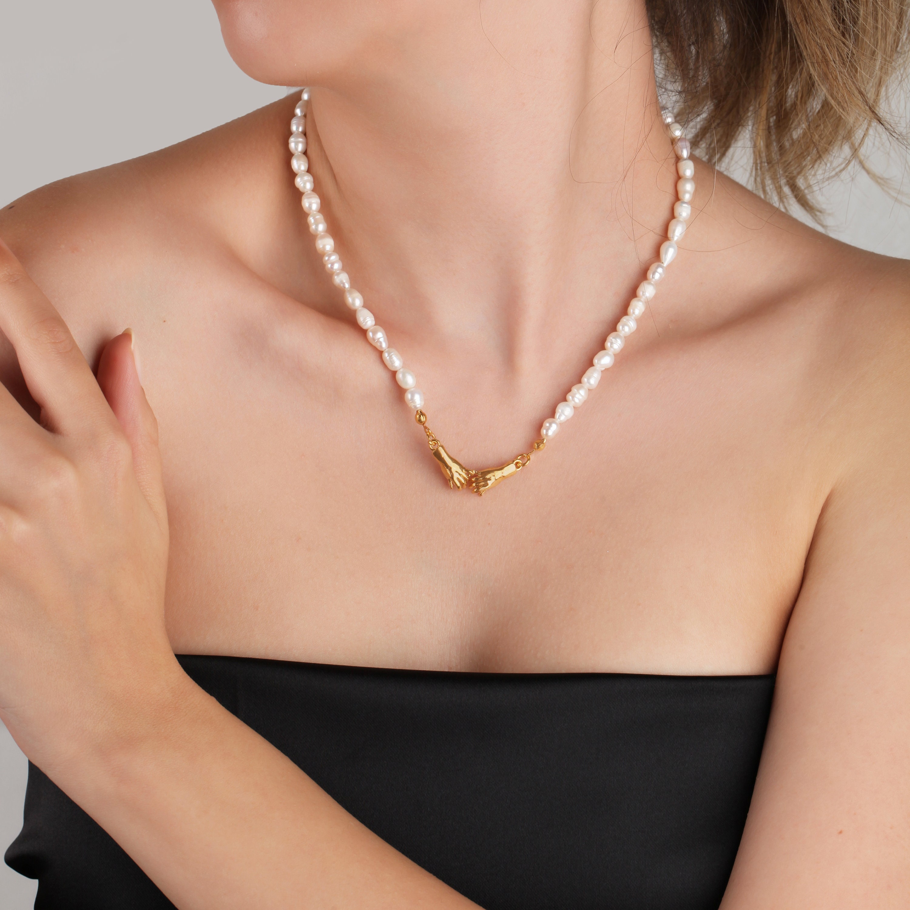 Pearl Necklace Gold Necklace Pearl Hands Necklace
