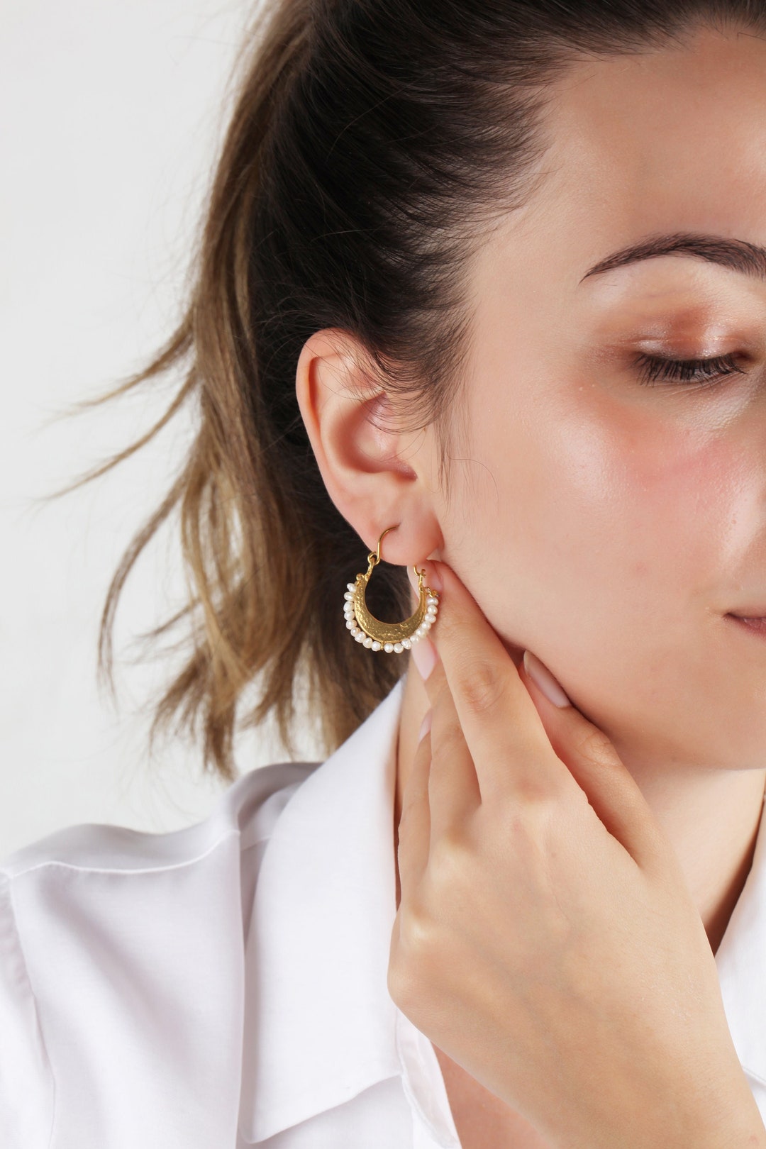 Gold Pearl Hoop Earrings: Turkish Handmade Jewelry - Etsy