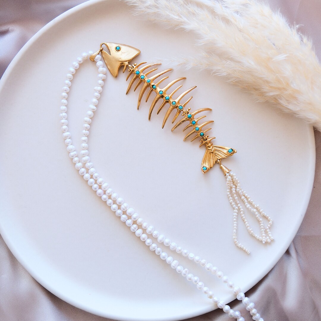Gold Fishbone Necklace: Pearl Chain, Turquoise Accent - Etsy