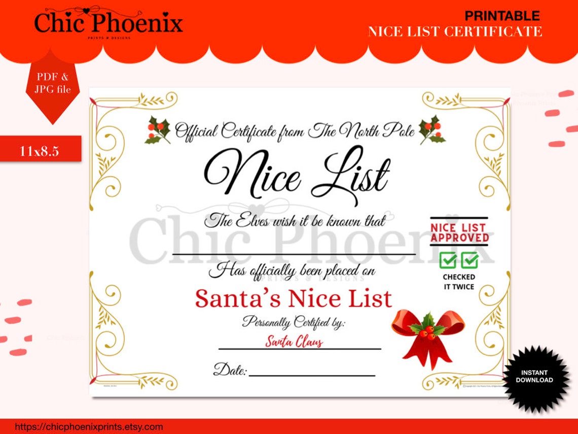 Santa Nice List Certificate Printable, Official Letter From Santa ...
