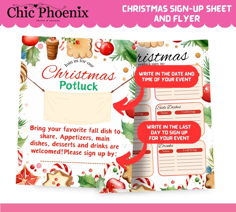 EDITABLE Christmas Potluck Invitation and Signup Sheet, Christmas ...