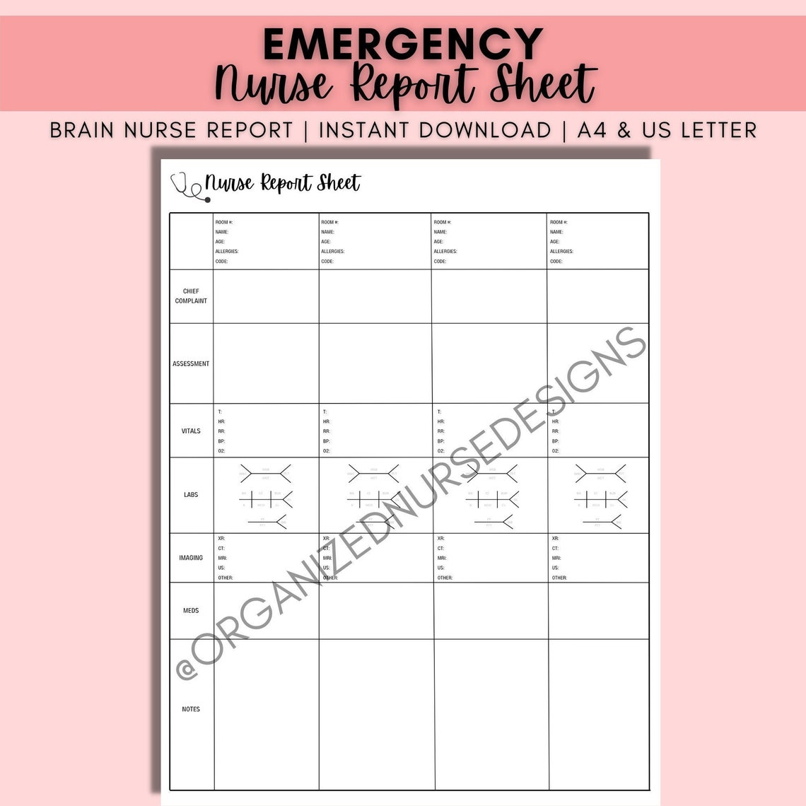 ER Nurse Report Sheet Emergency Nurse Brain Sheet Med Surg - Etsy