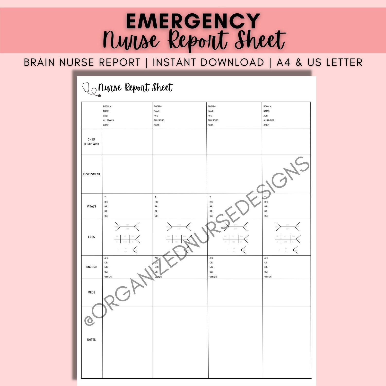 ER Nurse Report Sheet | Emergency Nurse Brain Sheet | Med Surg Nurse ...