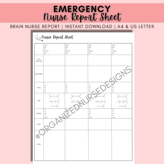 ER Nurse Report Sheet Emergency Nurse Brain Sheet Med Surg | Etsy