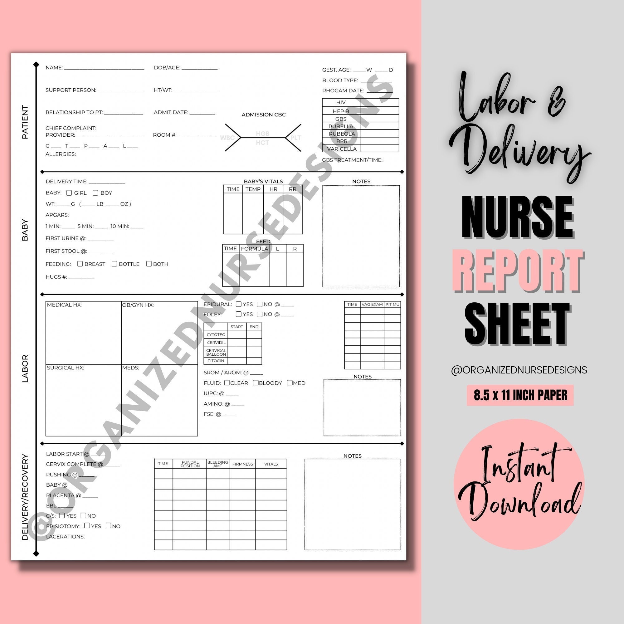 Labor and Delivery Nurse Report Sheet: OB Nursing (printable PDF) - Etsy