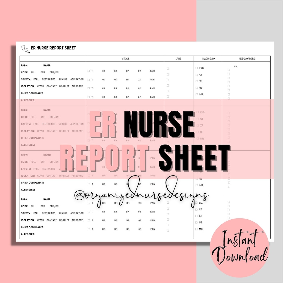 ER Nurse Report Sheet | Emergency Nurse Brain Sheet | Med Surg Nurse ...