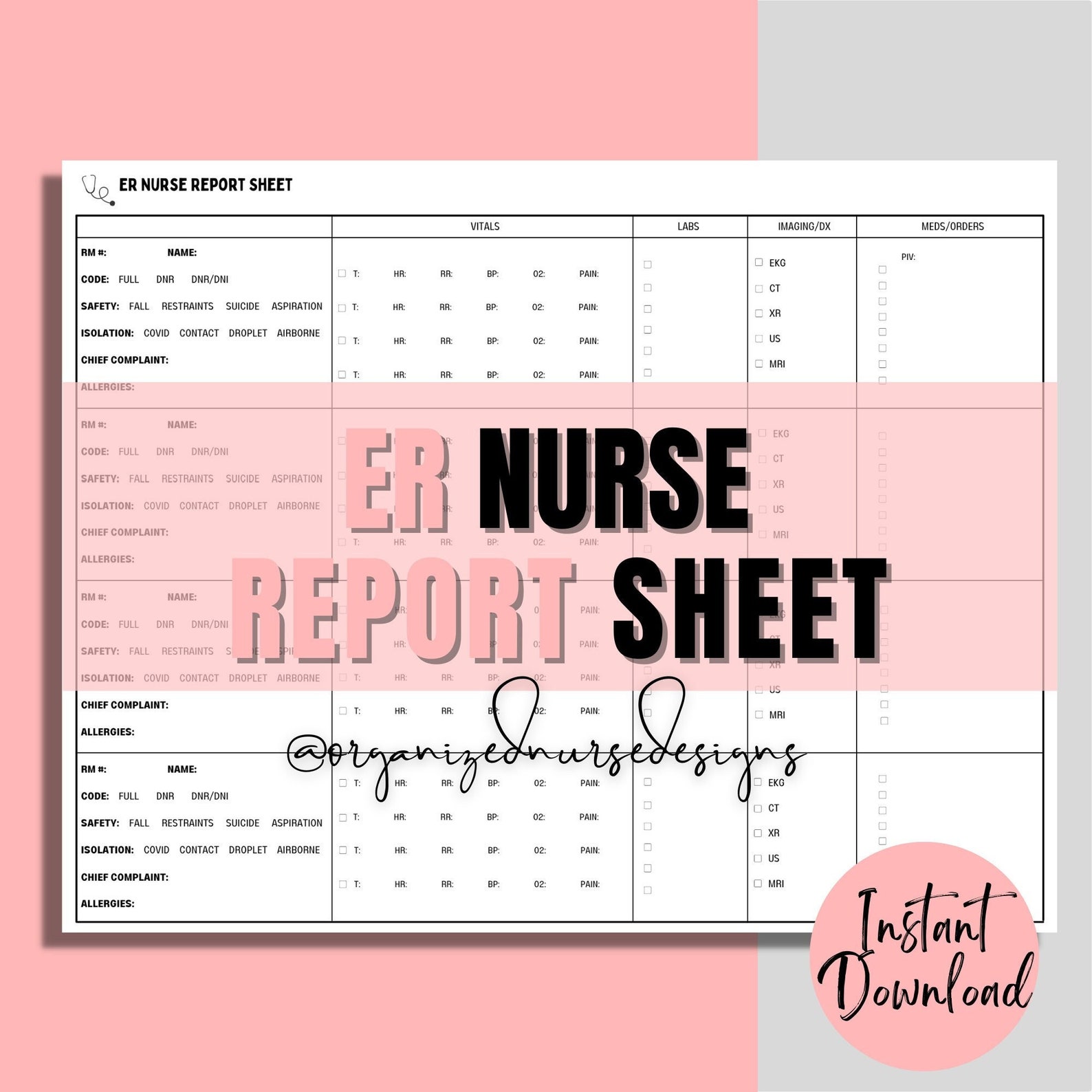 ER Nurse Report Sheet | Emergency Nurse Brain Sheet | Med Surg Nurse ...