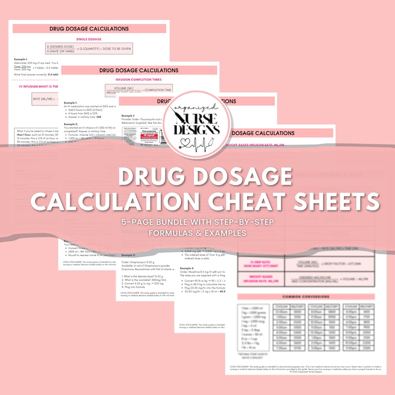 Pharmacology Nursing Dosage Calculations Cheat Sheets: Study Guide Bundle (PDF) - Etsy