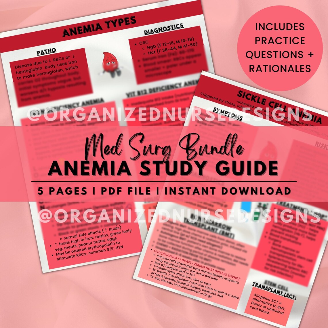 Anemia Nursing School Notes Bundle Study Guide With Practice Questions ...