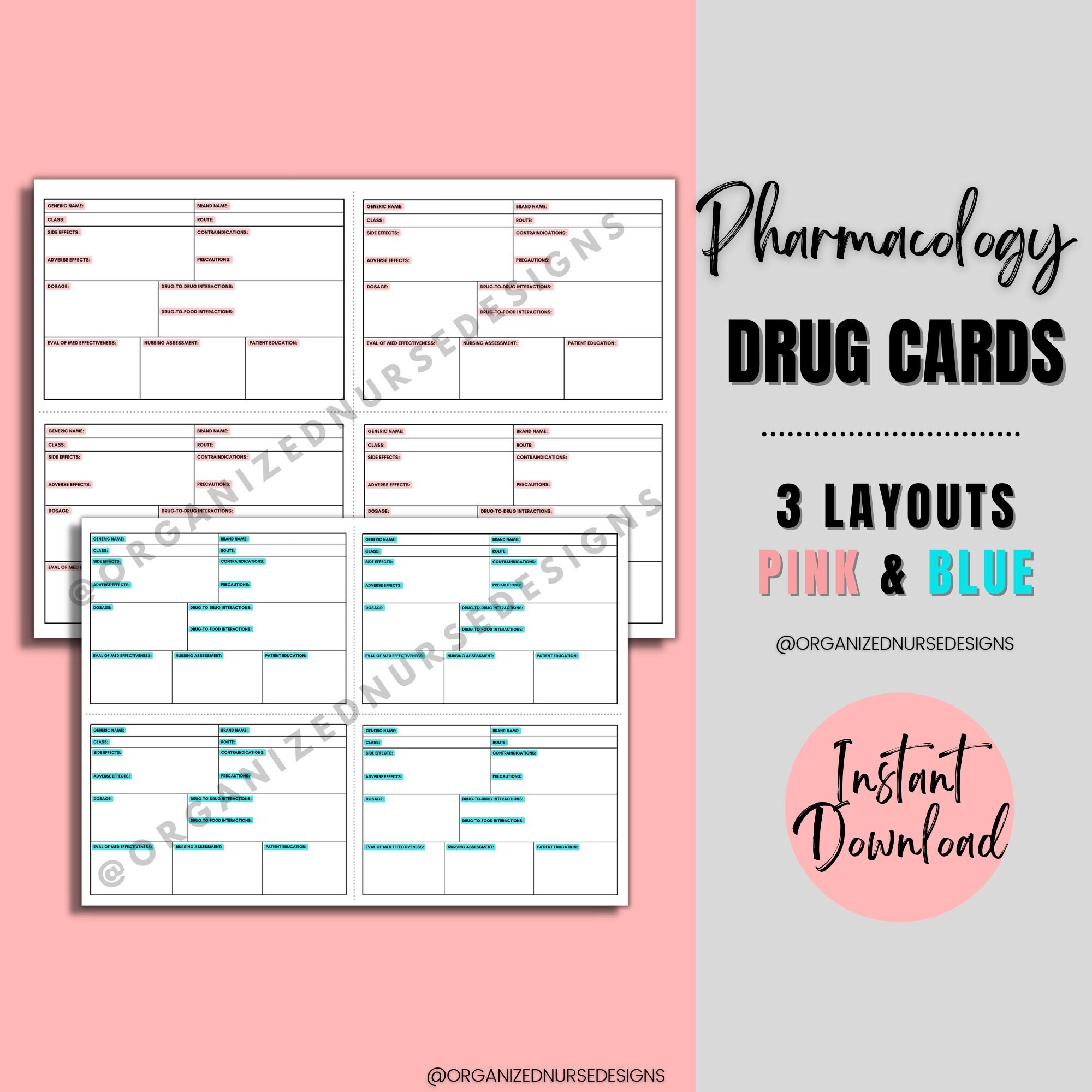 Pharmacology Drug Cards Templates Bundle Printable Nursing Student ...