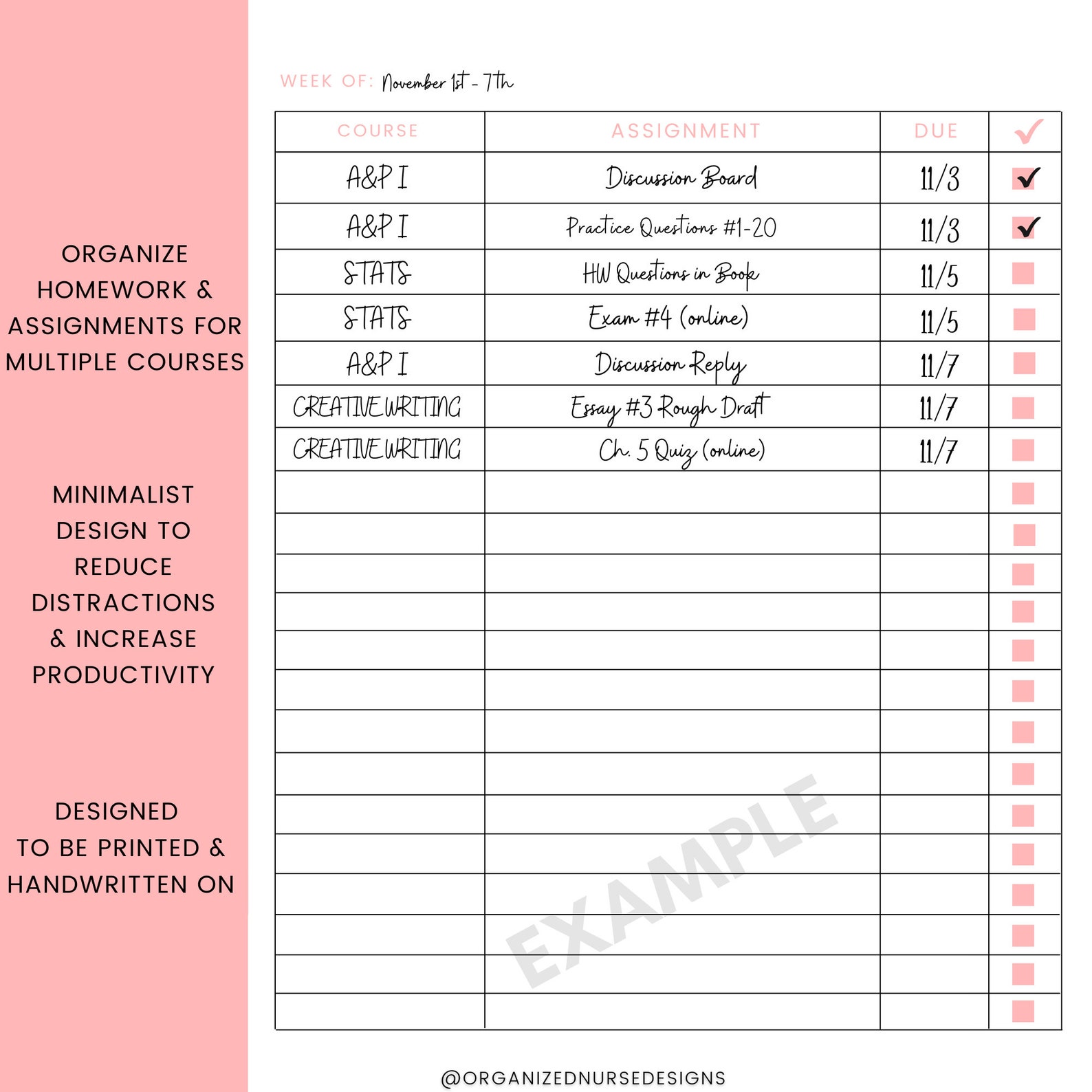 Assignment Tracker Printable Homework Log Template Nursing School ...