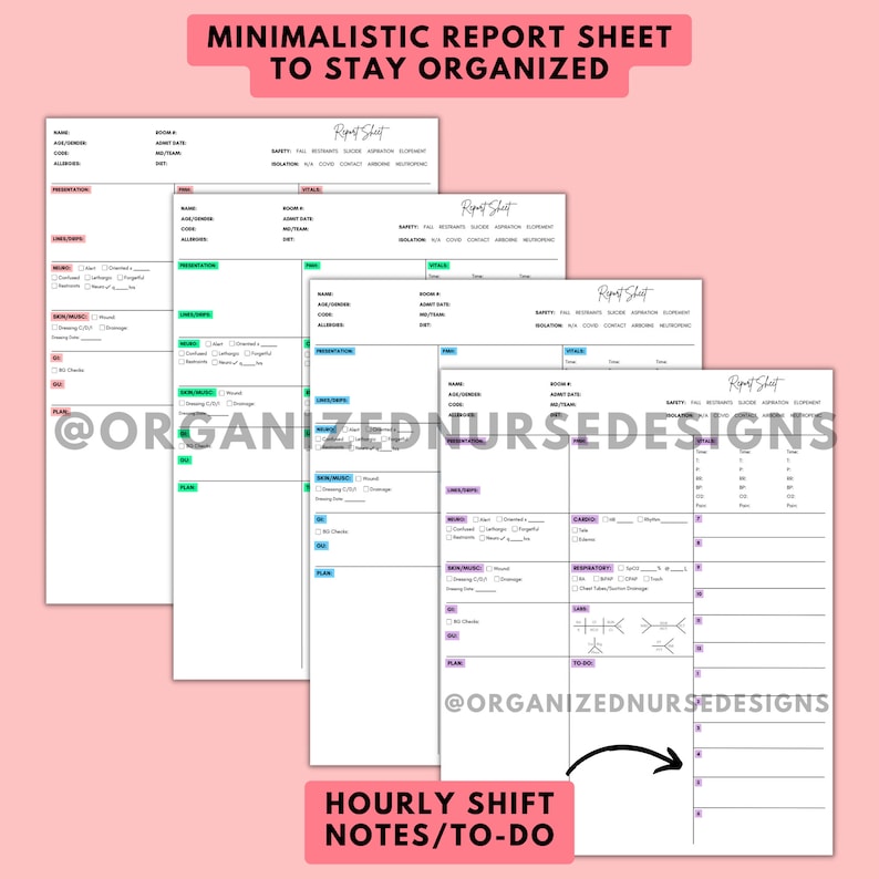 Nurse Report Sheet With Hourly To-do Schedule Day/night Shift Med Surg ...