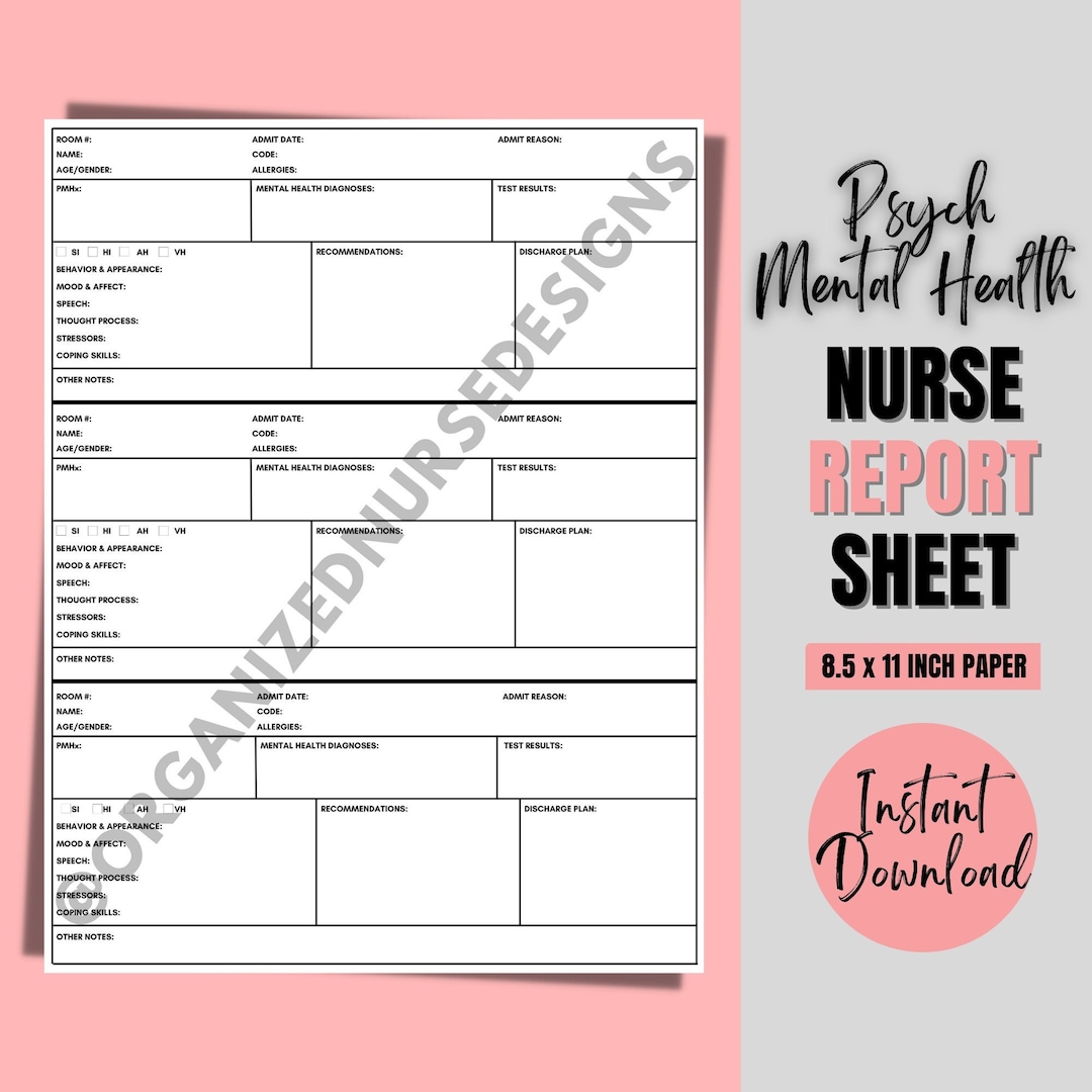 Psych Nurse Report Sheet: Mental Health Assessment Template (PDF) - Etsy
