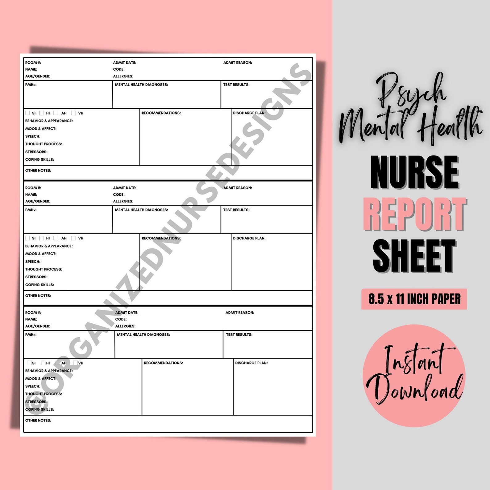 Psych Nurse Report Sheet: Mental Health Assessment Template (PDF) - Etsy