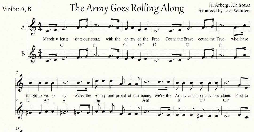 The Army Goes Rolling Along: Sheet Music for Violin Solo/duet With Easy ...