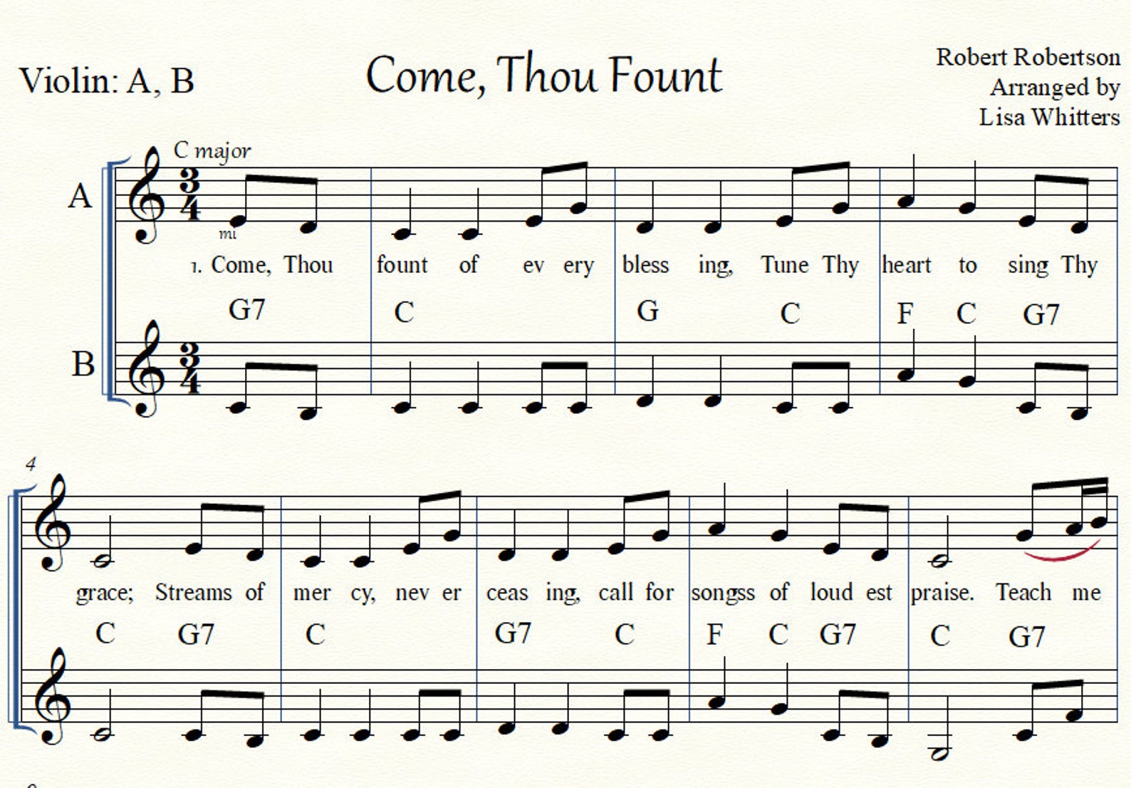 Come, Thou Fount, for Violin or Flute Solo/duet, With Piano ...