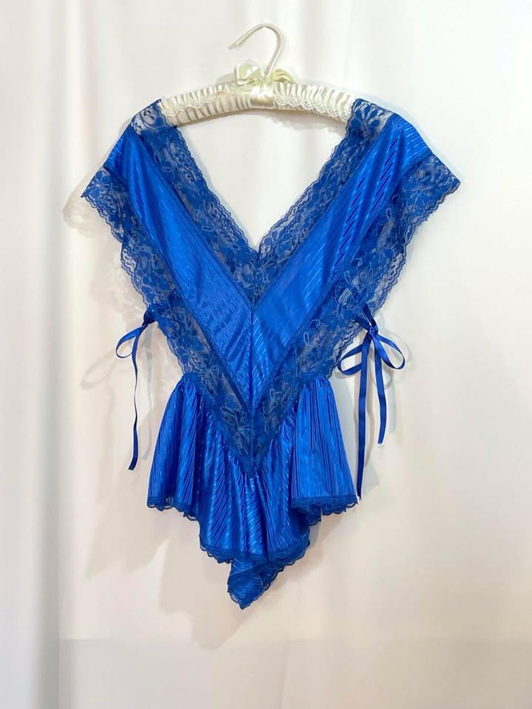 Vintage Blue Sheen Lace Teddy Lingerie One Piece Romantic Sexy Women's ...