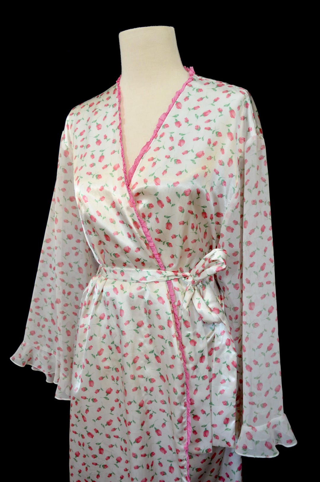 1990's Vintage Liquid Satin Robe - Pink Tulips, Ruffle Trim, Vintage ...