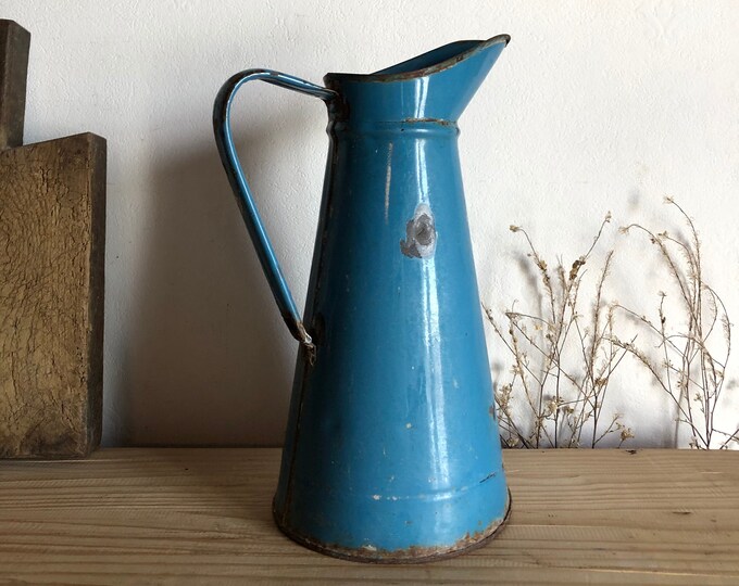 French Vintage Blue Enamel Water Jug / Water Pitcher / French ...