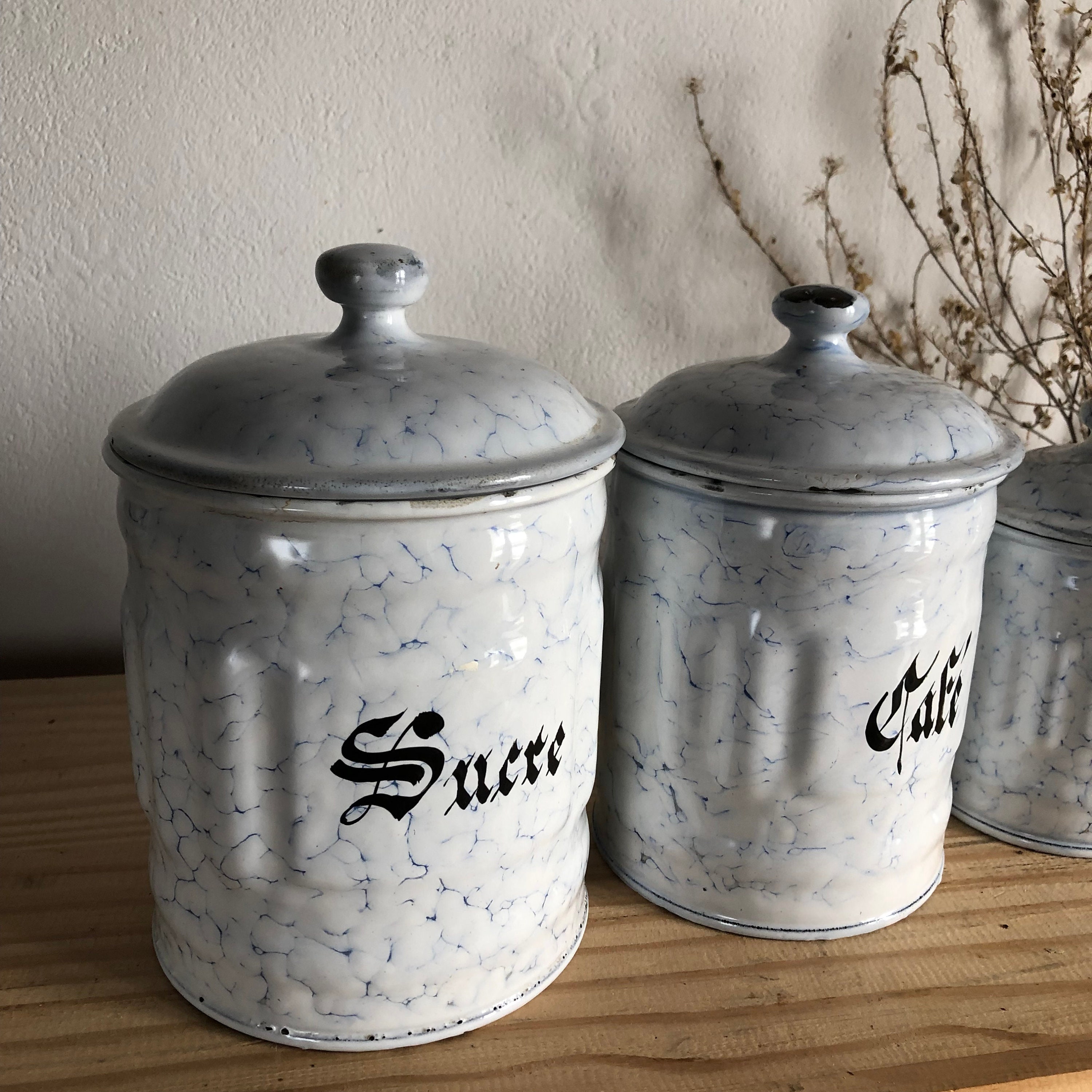 Set of 4 French Vintage White Blue Marbled Enamel Canister , Kitchen ...