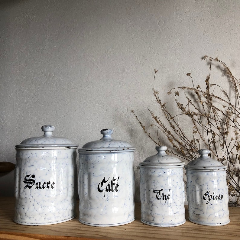 Set of 4 French Vintage White Blue Marbled Enamel Canister , Kitchen ...